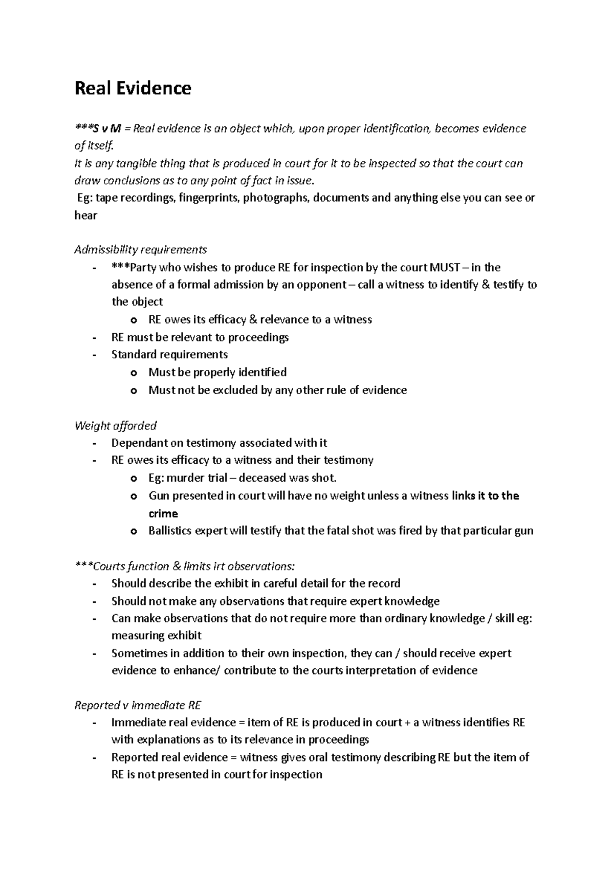 LAW OF EVIDENCE SU 13 TO 15 - Real Evidence ***S v M = Real evidence is ...