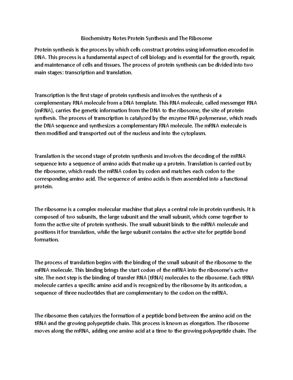 Biochemistry Notes Protein Synthesis and The Ribosome - This process is ...