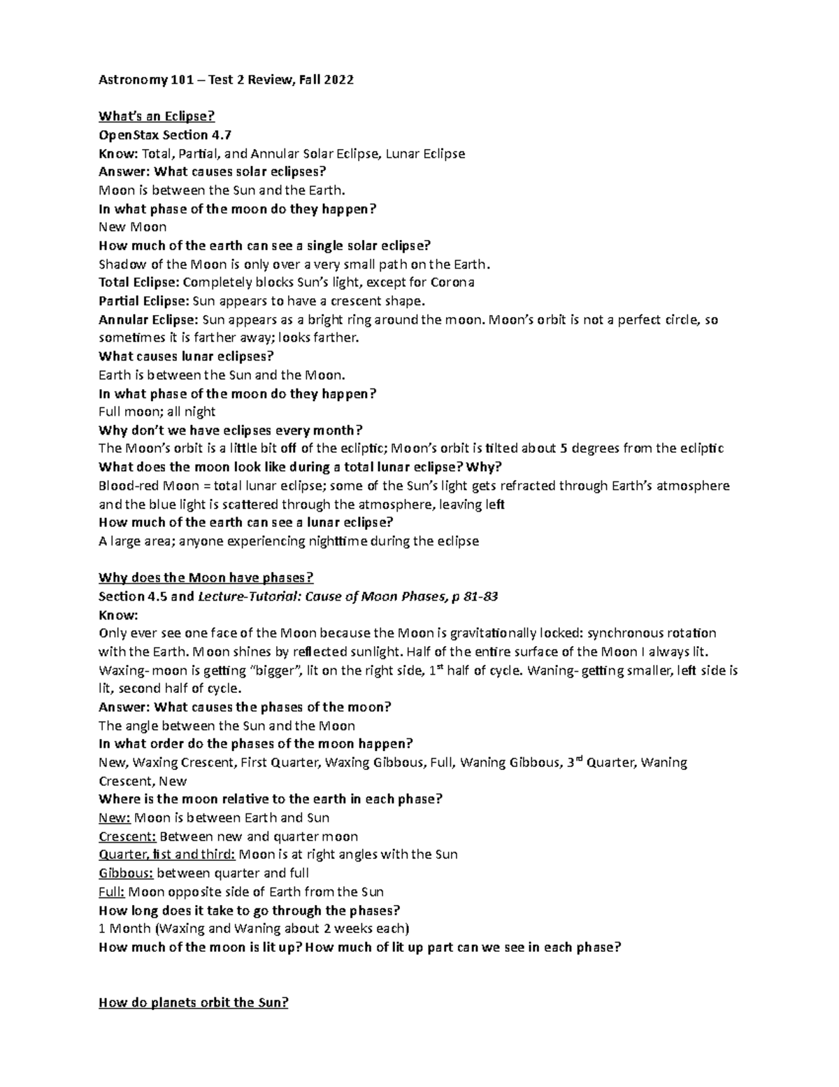 Test 2 Review - What’s an Eclipse?, Why does the Moon have phases?, How ...