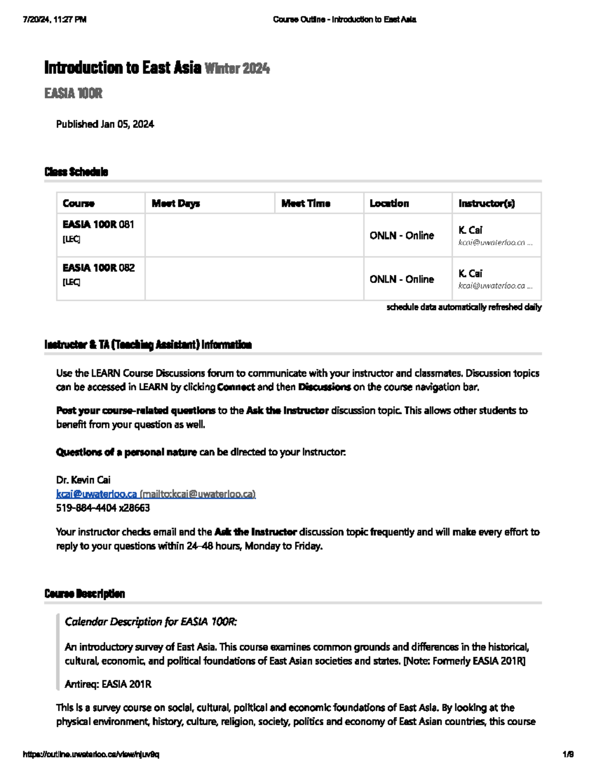 Easia winter 2024 - course syllabus - 11:27 PM Course Outline ...