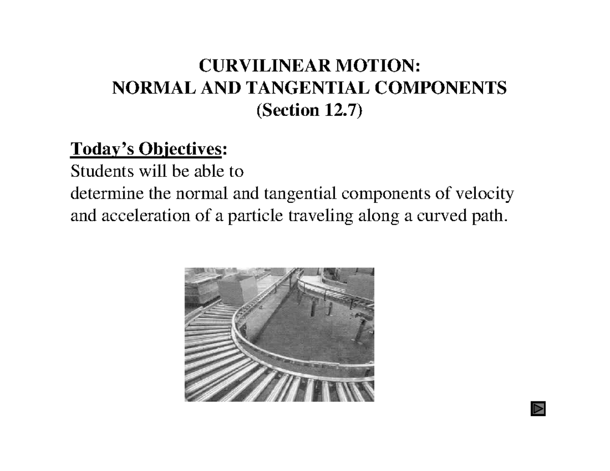 Normal&Tangential Component - CURVILINEAR MOTION: NORMAL AND TANGENTIAL COMPONENTS (Section 12 ...