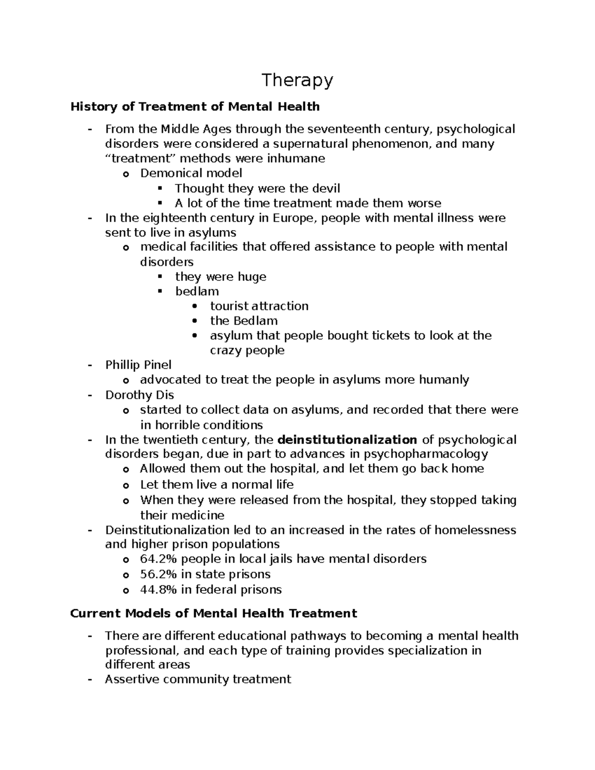Therapy - notes - Therapy History of Treatment of Mental Health - From ...