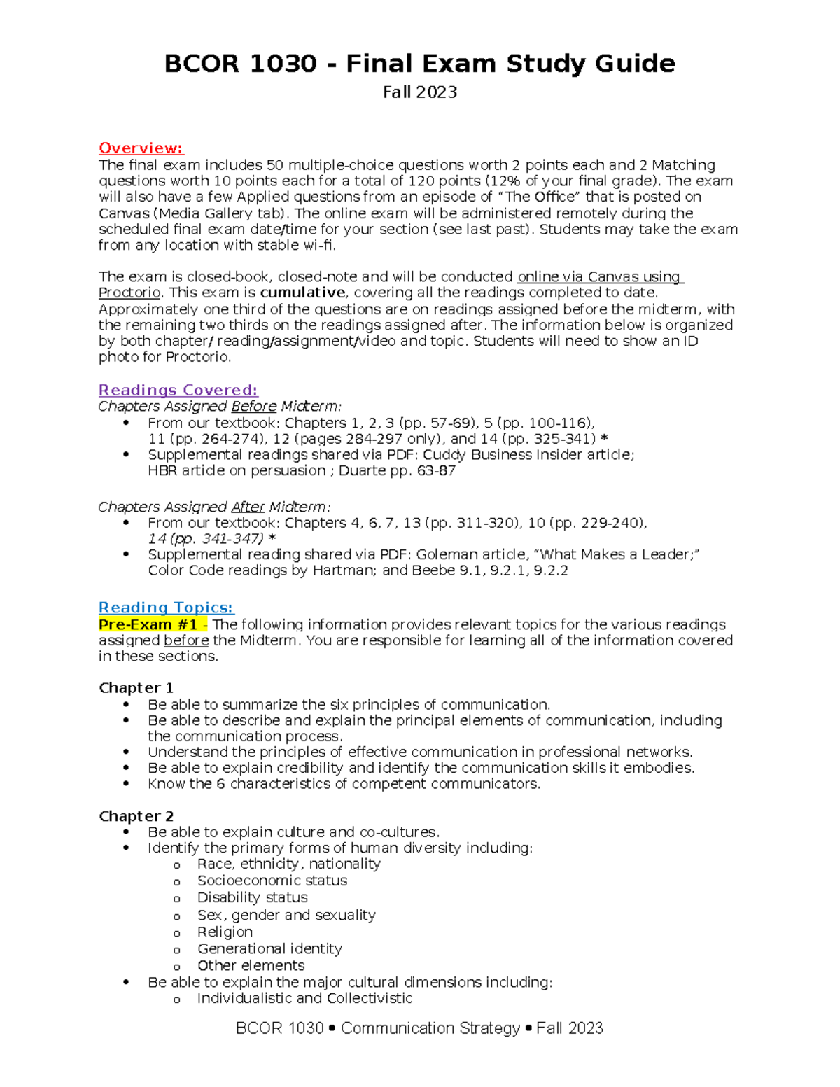 BCOR 1030 Final Exam Study Guide.Fall.2023. Kimberly-1 - Fall 2023 Overview: The final exam ...