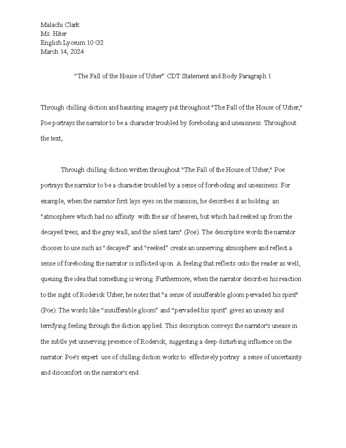 G2 The Fall of the House of Usher CDT and Final Analysis Paragraph ...