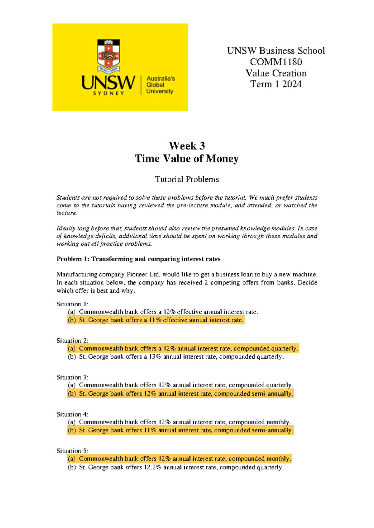 COMM1180 2024T1 Week 03 - Tutorial Activities - Week 3 Time Value of Money Tutorial Problems ...