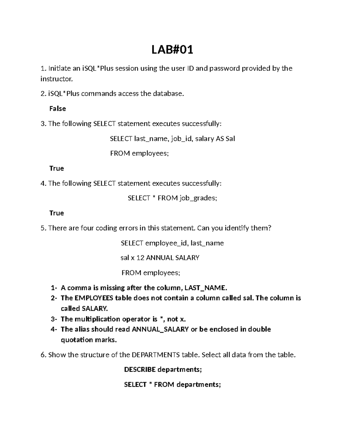 LAB#01 dbms - LAB# Initiate an iSQL*Plus session using the user ID and password provided by the ...
