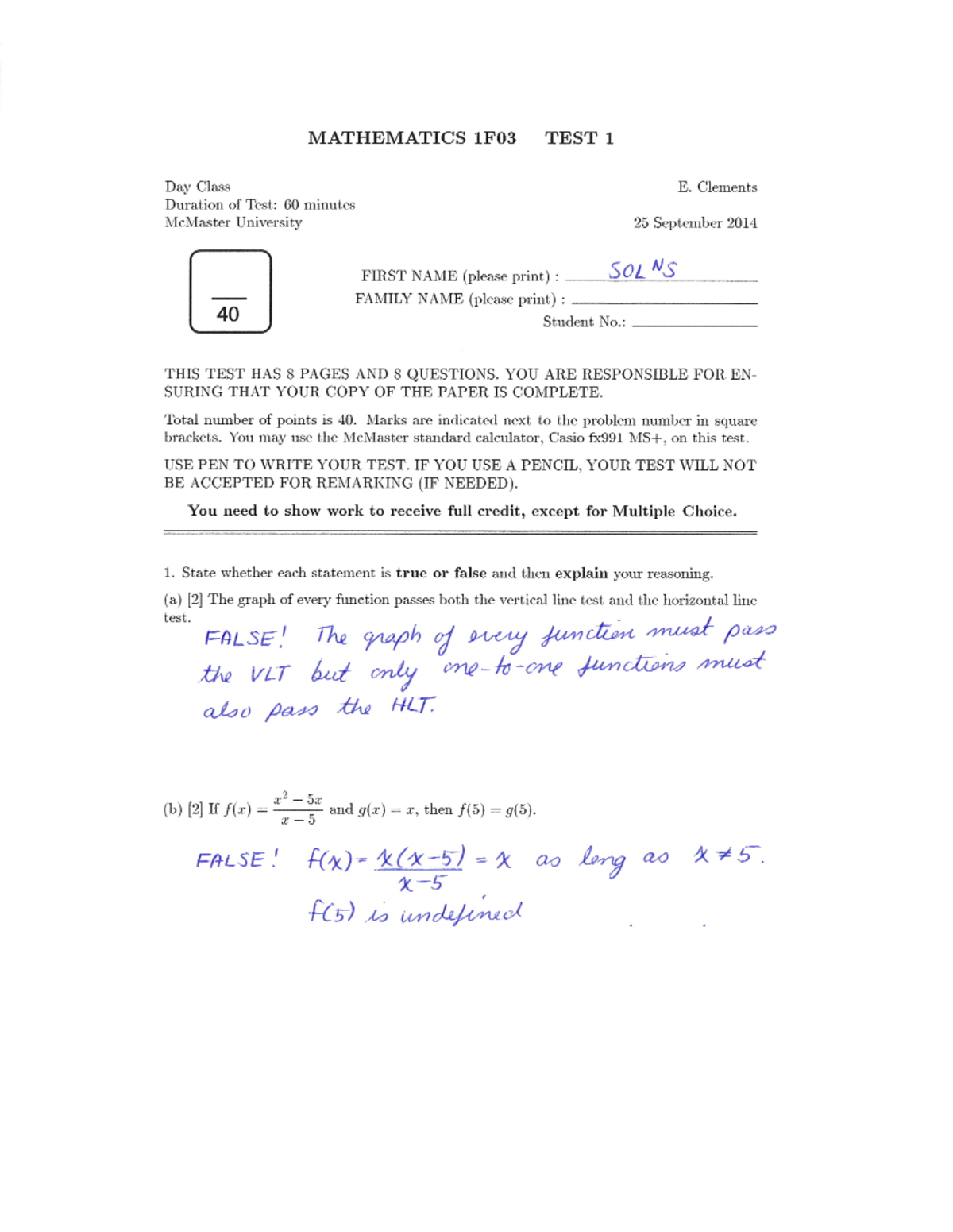 Exam 28 September 2014, questions and answers - Math 1F03 - Warning ...