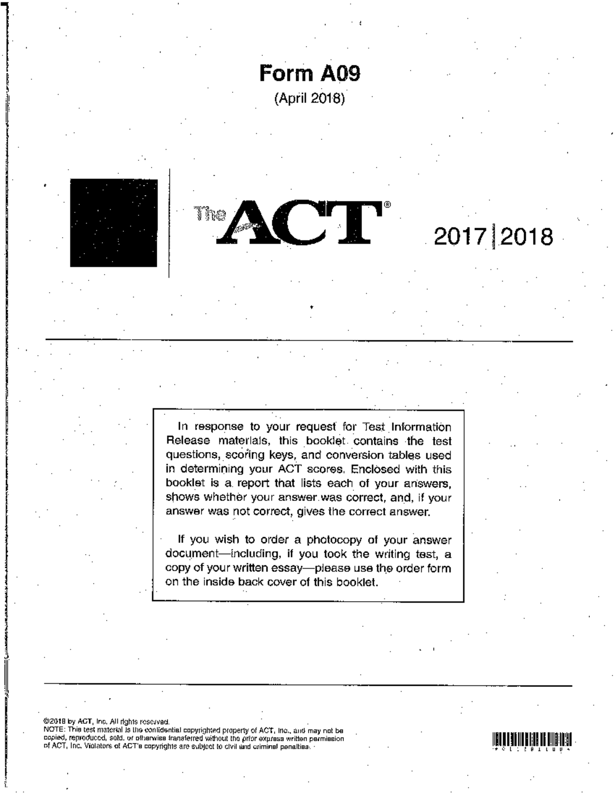 April 2018 ACT Form A09 exam - Studocu