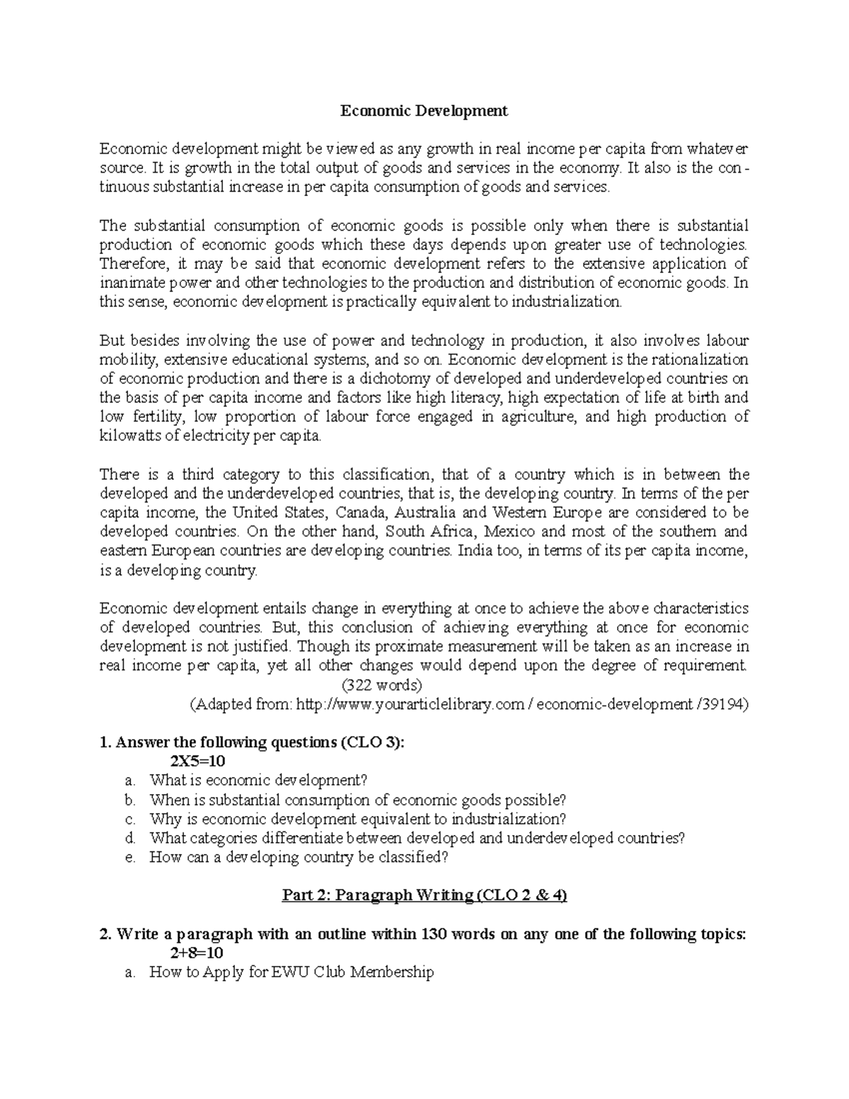 Economic Development Experience of an online semester at EWU Term paper ...