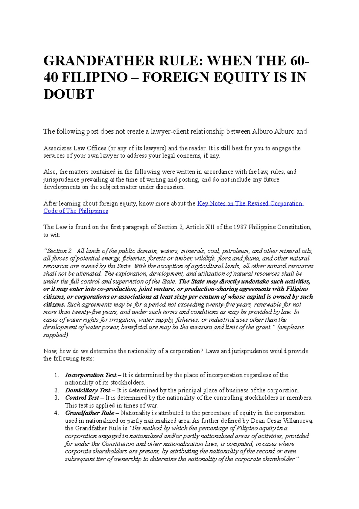 lectures and notes only - GRANDFATHER RULE: WHEN THE 60- 40 FILIPINO ...