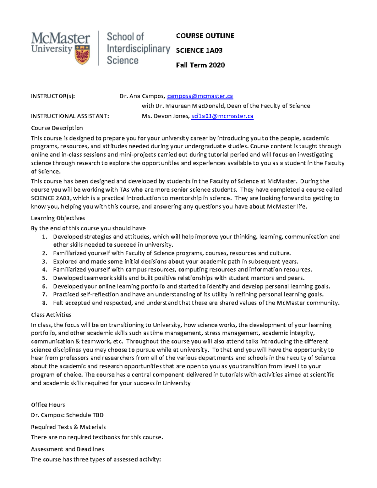 Science 1A03 Outline - COURSE OUTLINE SCIENCE 1A Fall Term 2020 ...