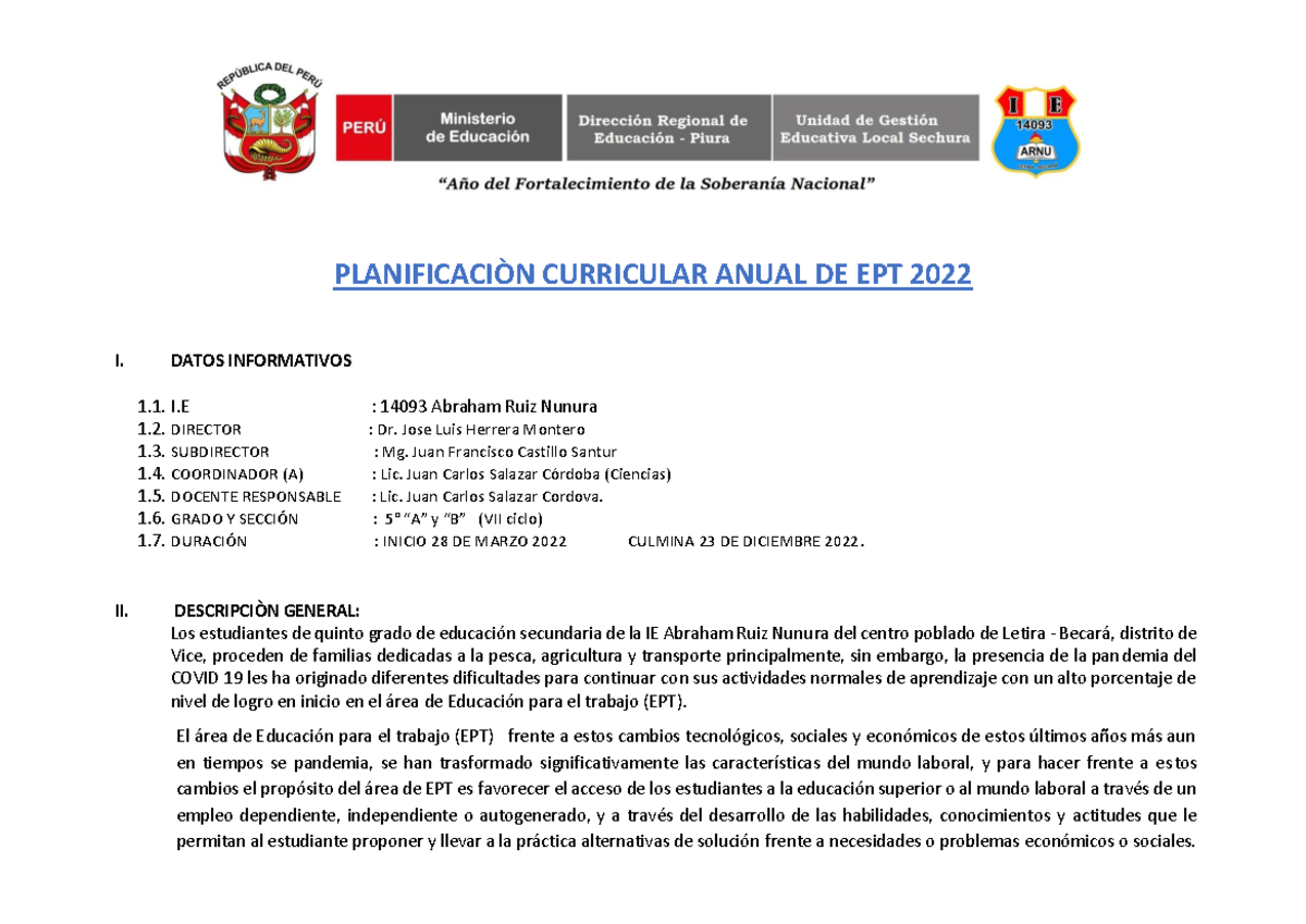 Planificaciòn Curricular Anual 2022 EPT - PLANIFICACIÒN CURRICULAR ANUAL DE EPT 2022 I. DATOS ...