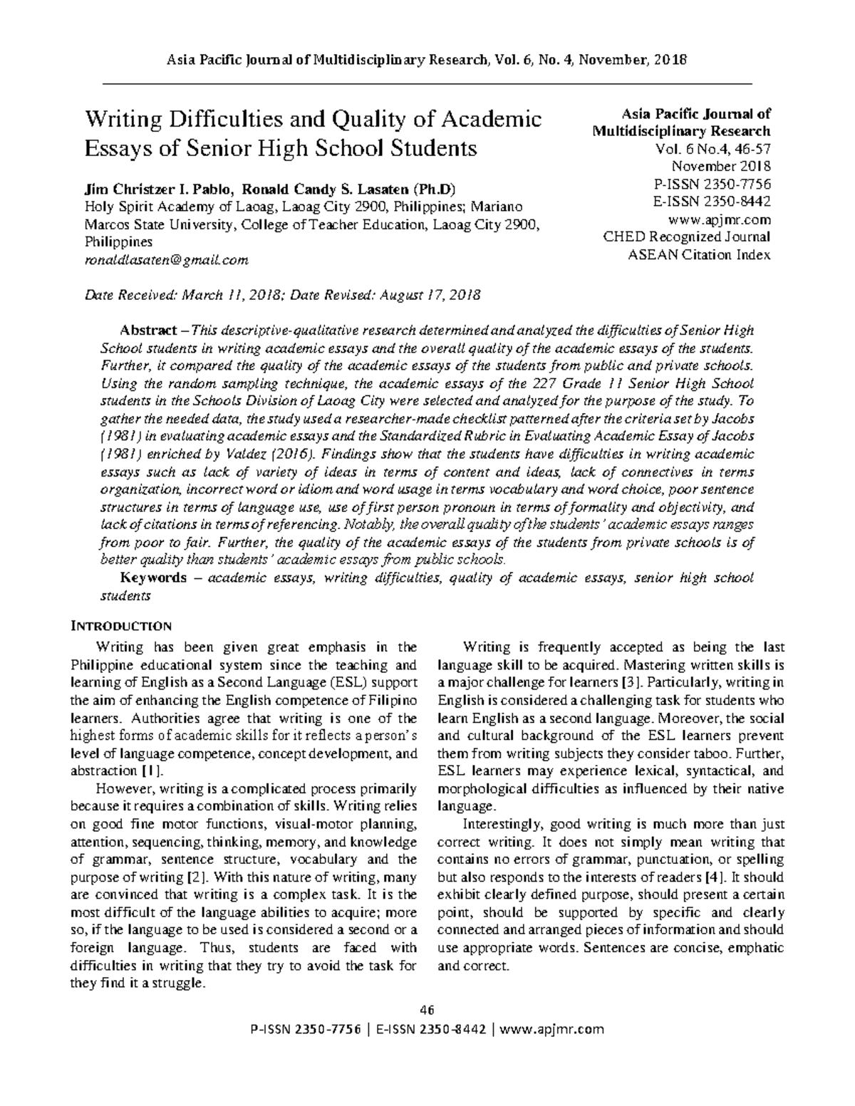 Writing Difficulties and Quality of Acad - Asia Pacific Journal of ...