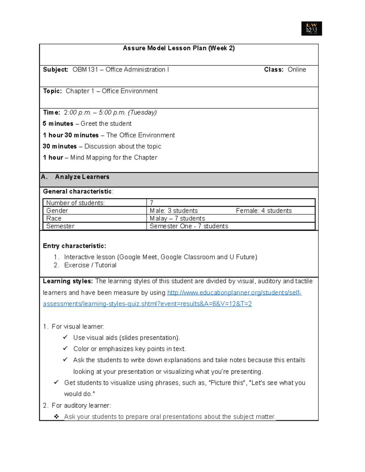 OBM131 - Lesson PLAN WEEK 2 - Assure Model Lesson Plan (Week 2) Subject ...