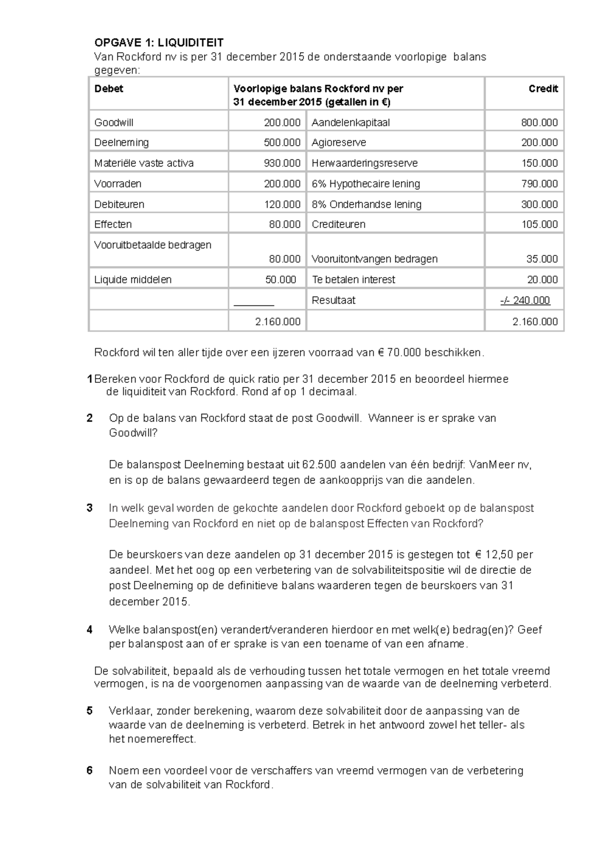 Oefenopgaven liquiditeit en solvabiliteit - OPGAVE 1: LIQUIDITEIT Van ...