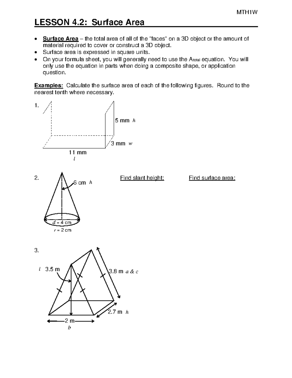4.2 Surface Area and Volume - MTH1W LESSON 4: Surface Area Surface Area ...