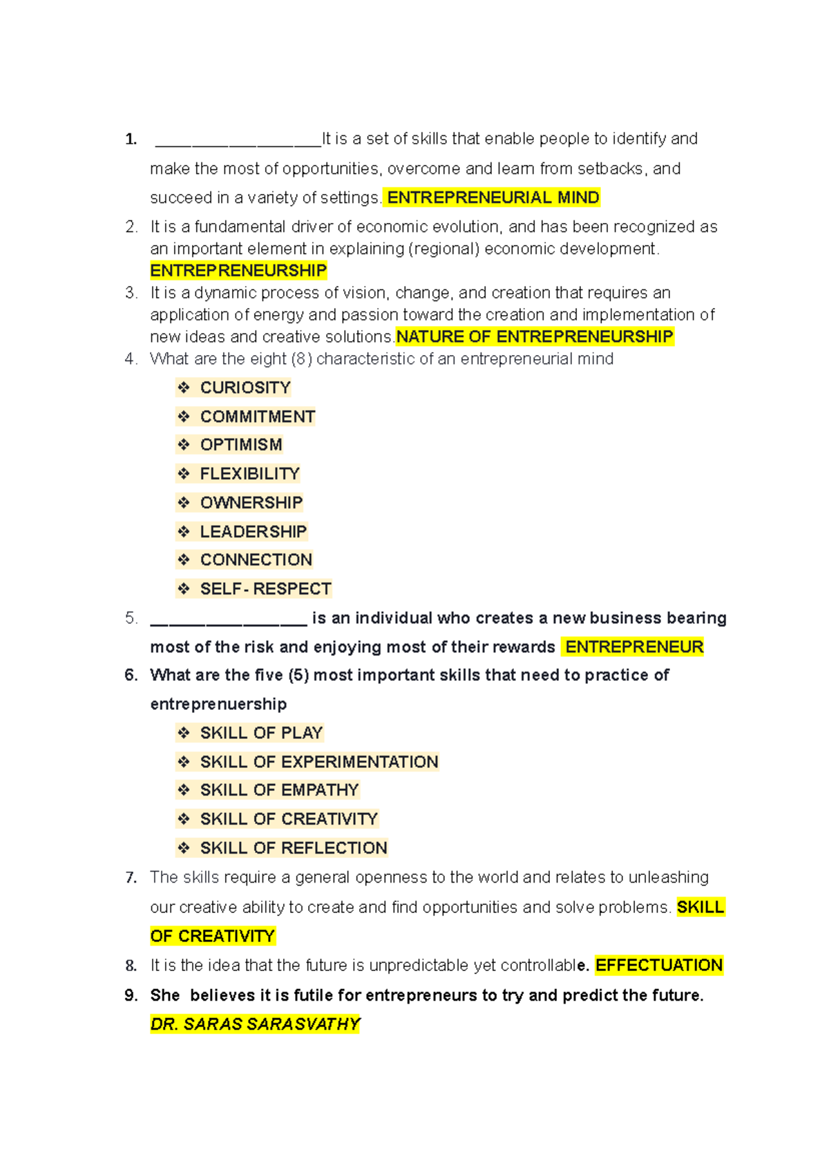 Entrep Minds QUIZ PREP - __________________It is a set of skills that ...