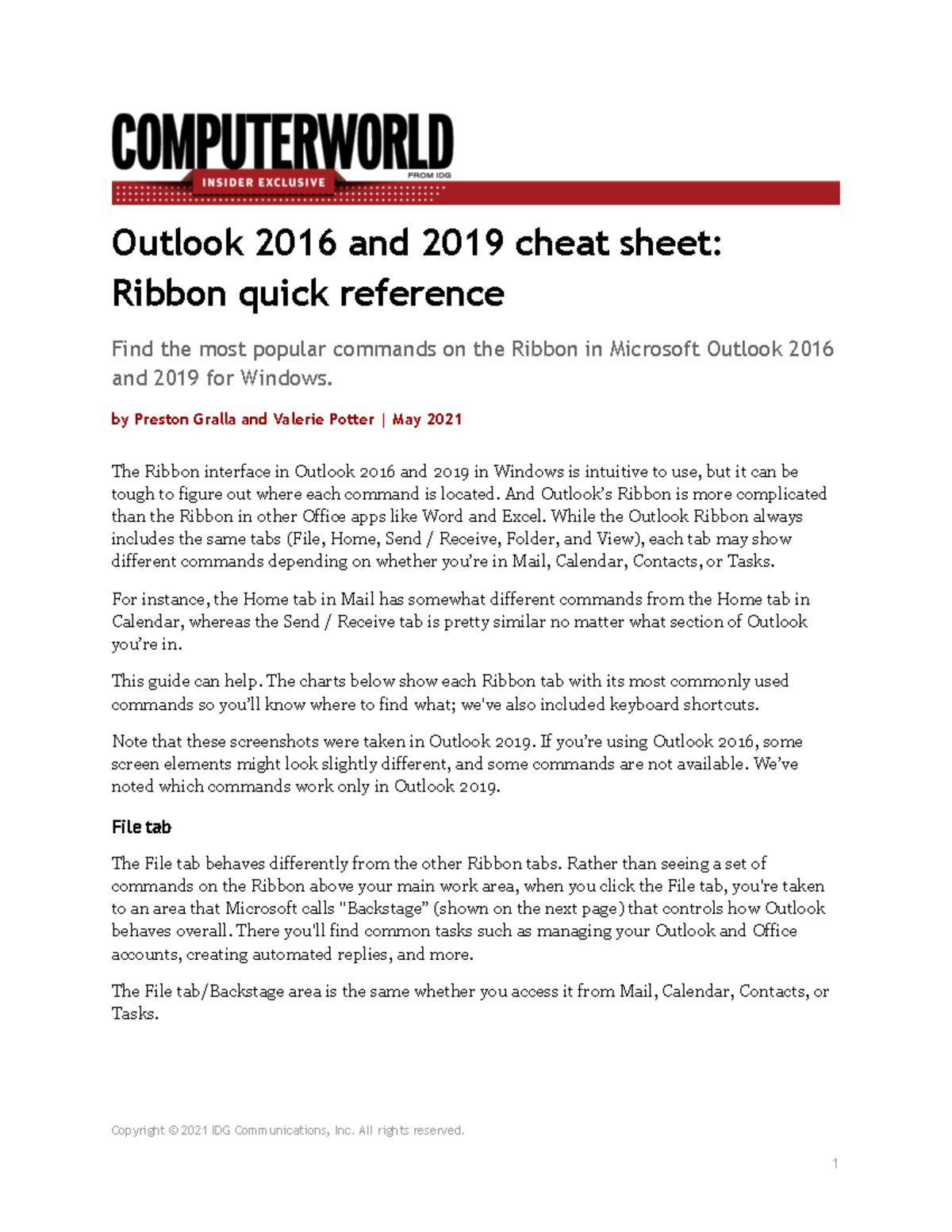 Outlook 2016-2019 windows ribbon reference computerworld - Copyright © 2021 IDG Communications ...