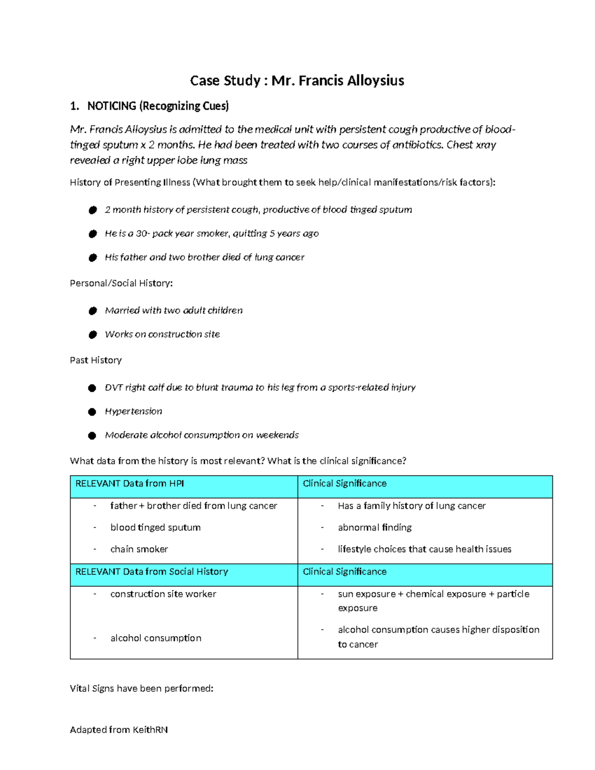 Cancer Case Study POST - Case Study : Mr. Francis Alloysius 1. NOTICING ...