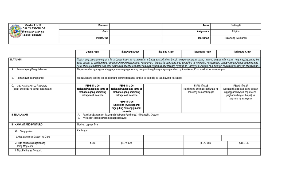 2.6 Sanaysay - Grades 1 to 12 DAILY LESSON LOG (Pang araw-araw na Tala ...