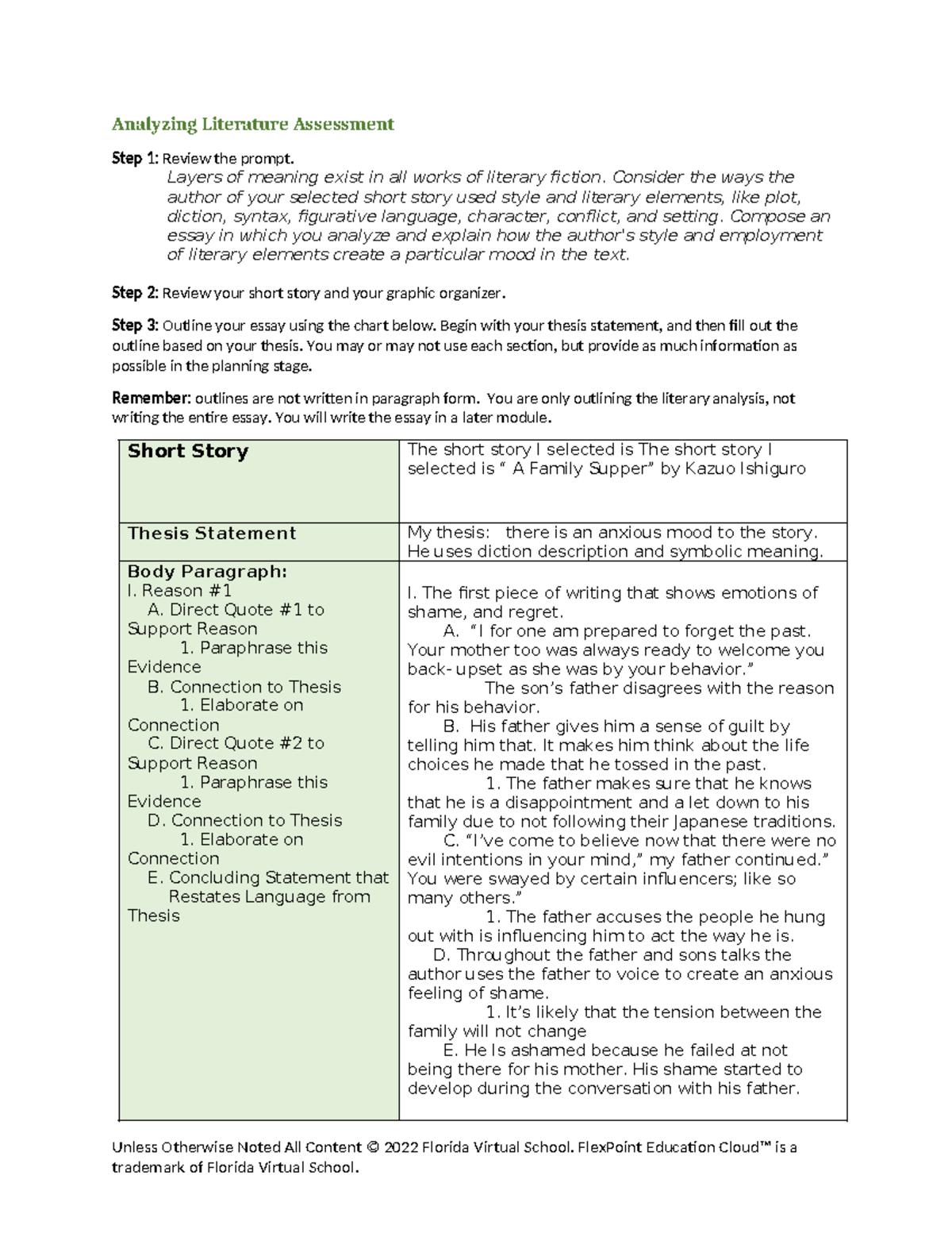Analyzing literature assess rubric - Analyzing Literature Assessment ...