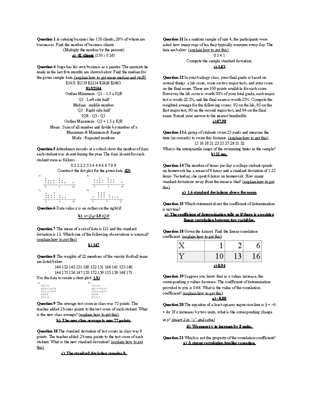 Cheatsheet MATH 124 Final EXAM - Question 1 A catering business has 150 ...