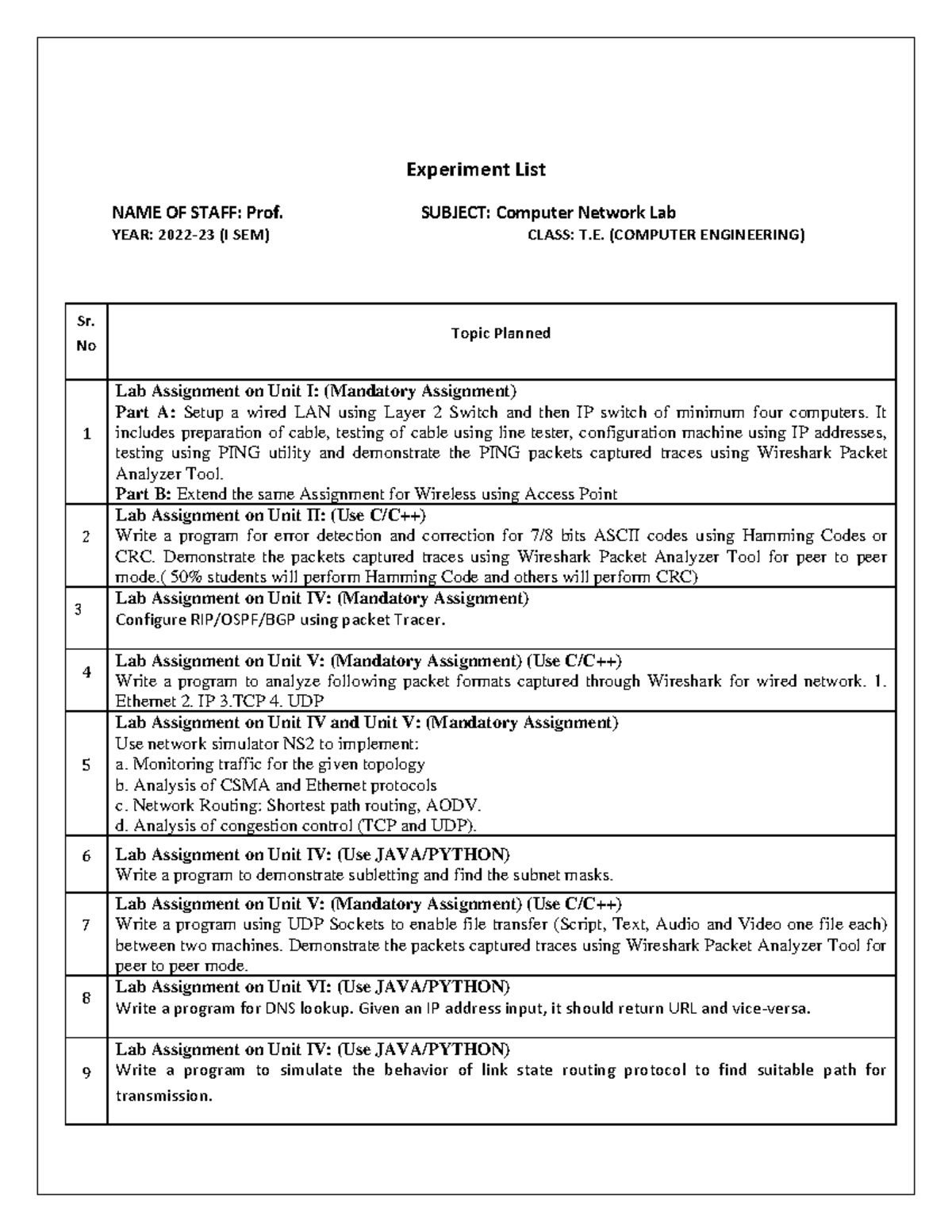 Computer Network Lab Manual Experiment List Name Of Staff Prof Subject Computer Network Lab