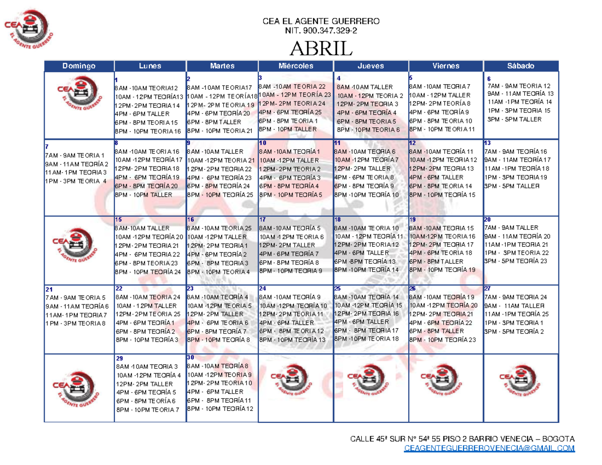 Horario Abril - Educación - CALLE 45ª SUR N° 54ª 55 PISO 2 BARRIO VENECIA – BOGOTA - Studocu