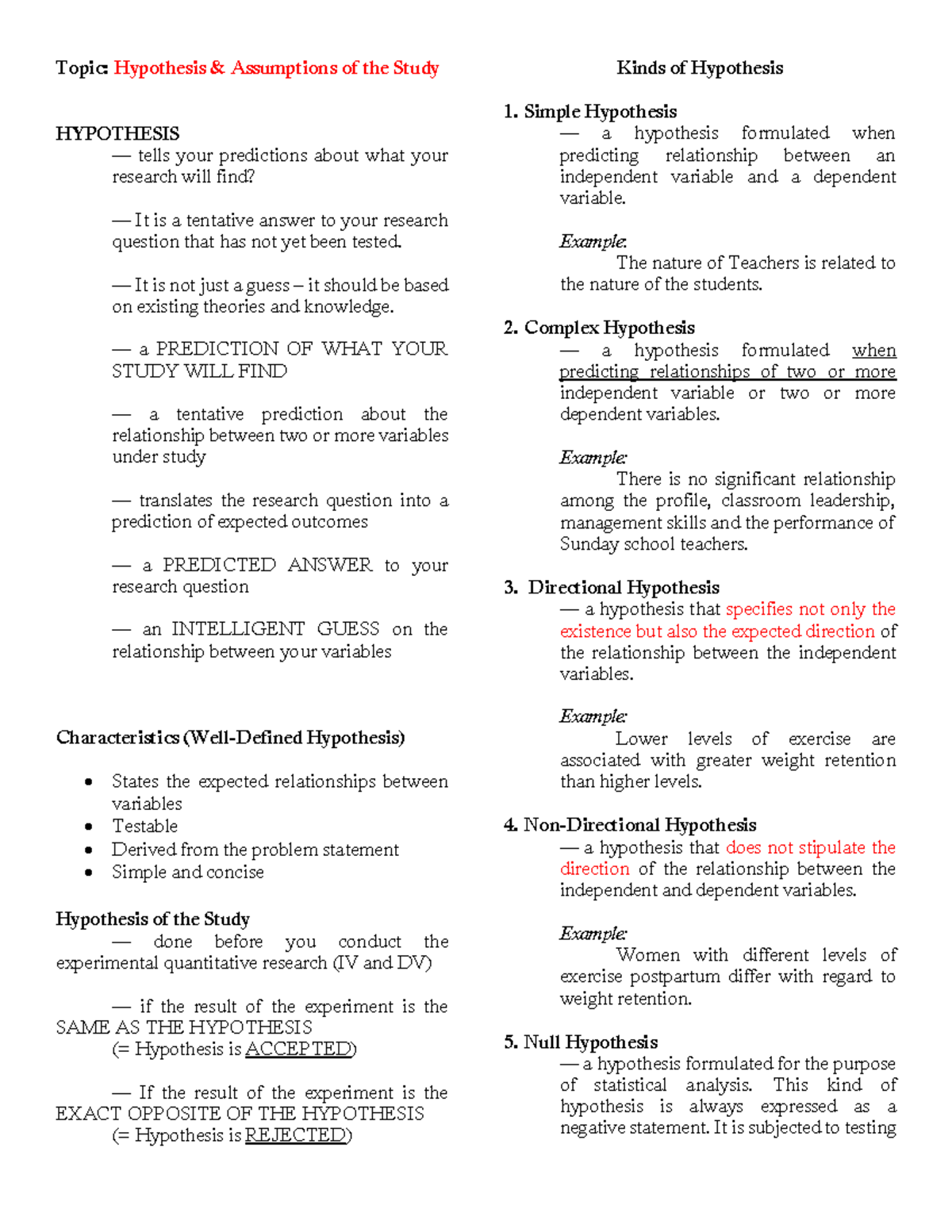 Elements of Research- Semi Finals - Topic: Hypothesis & Assumptions of ...