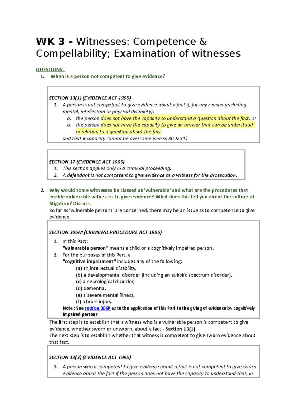Evidence Tutorial 3 - WK 3 - Witnesses: Competence & Compellability ...
