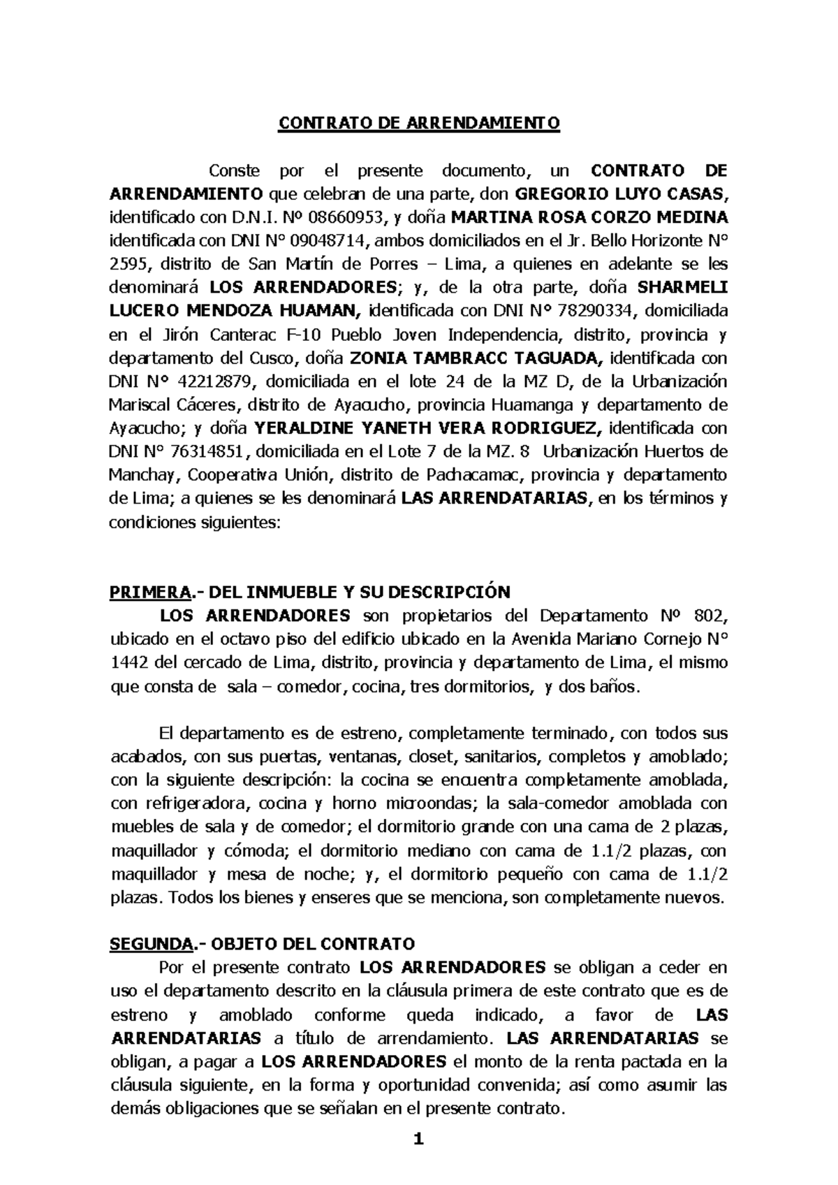 Contrato DE Arriendos Martina Corzo - CONTRATO DE ARRENDAMIENTO Conste por el presente documento ...