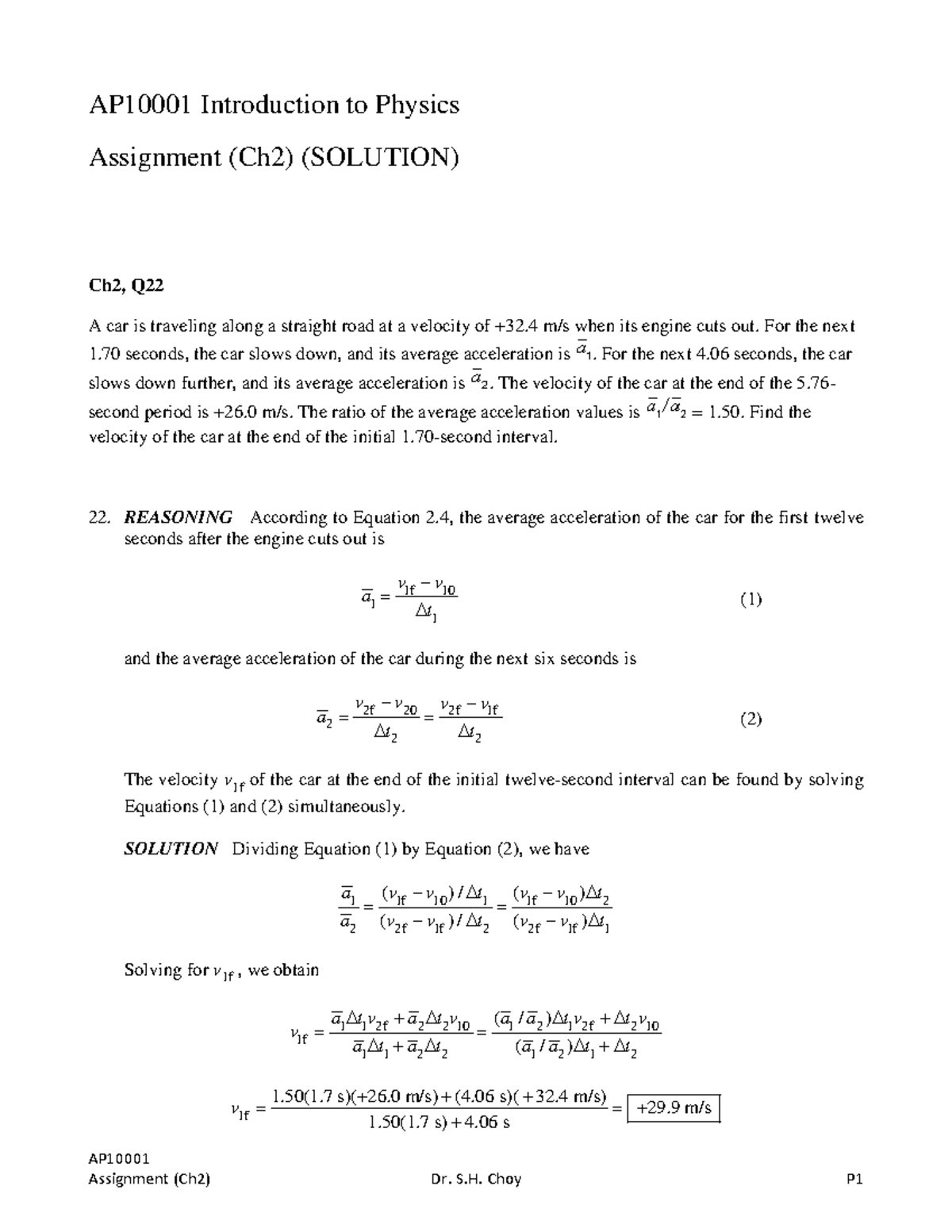 Assignment (Ch2) solution - AP100 01 AP10001 Introduction to Physics Assignment (Ch2) (SOLUTION ...