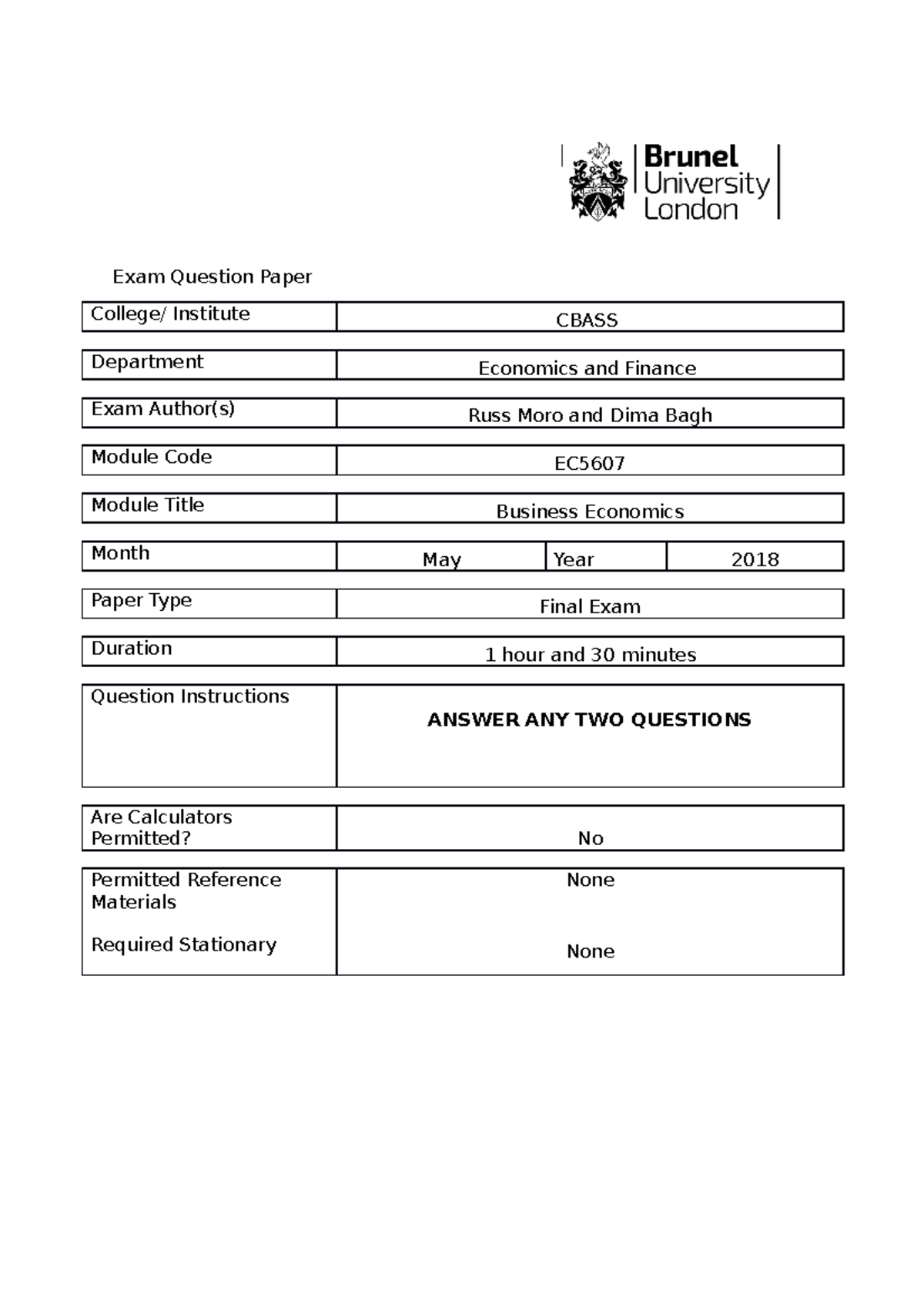 Exam May 2018 - Exam Question Paper College/ Institute CBASS Department ...