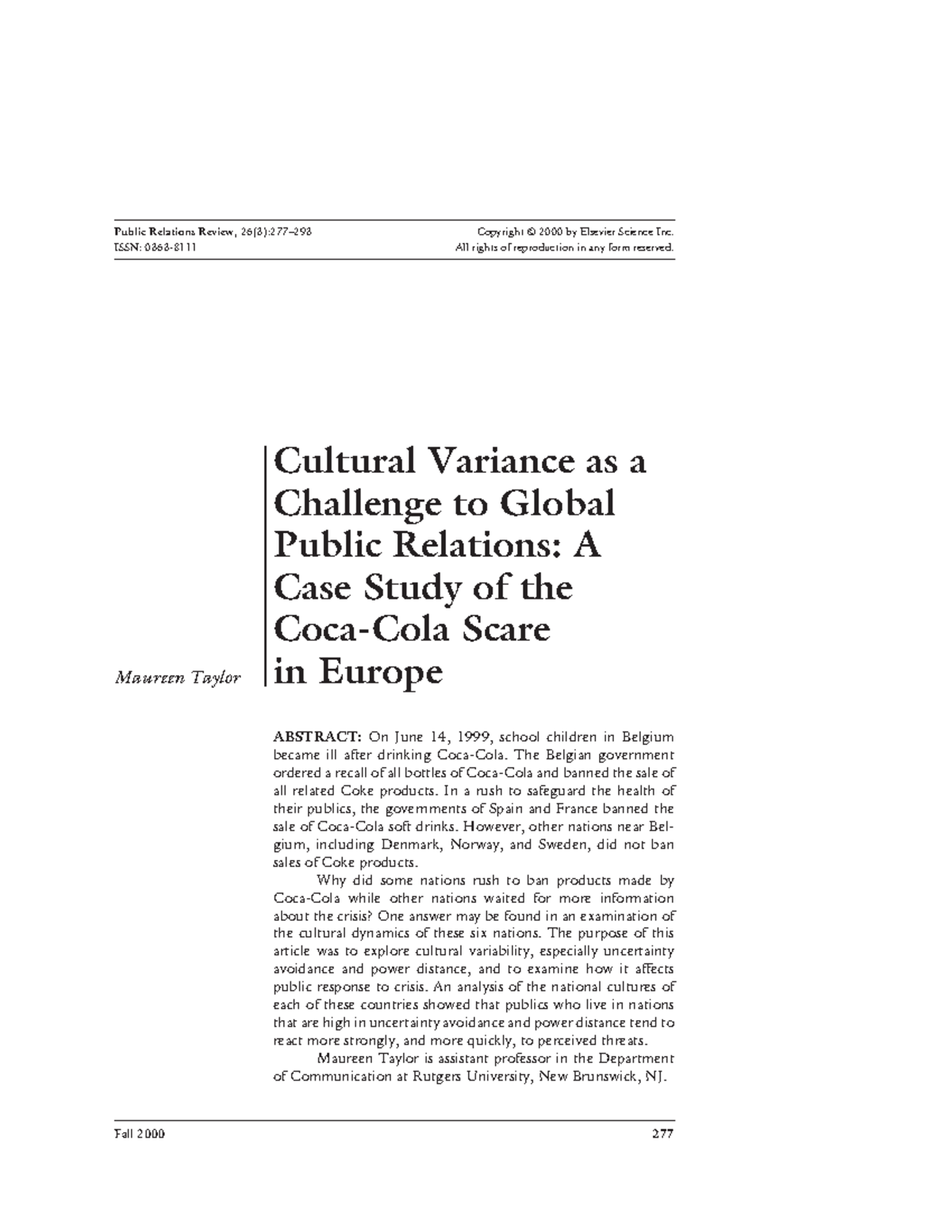 organisation behaviour - Maureen Taylor Cultural Variance as a ...