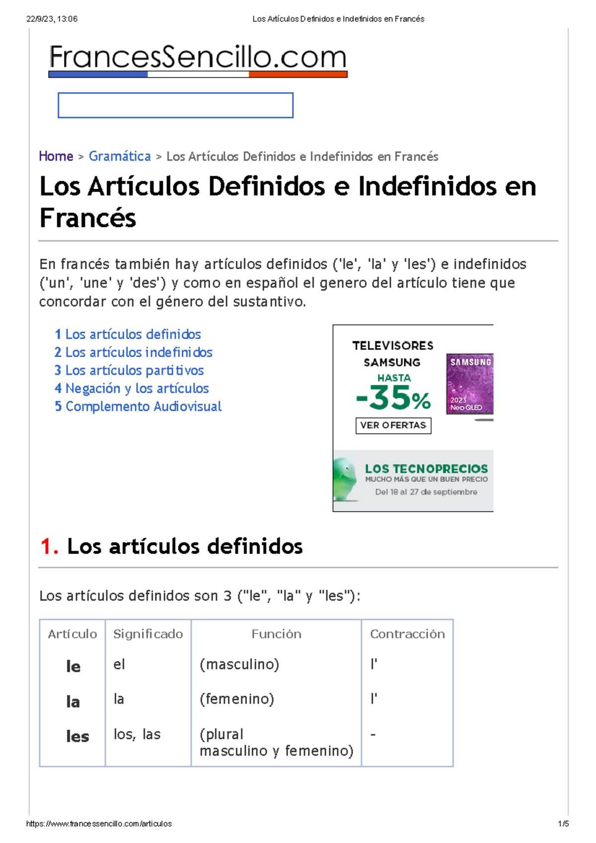 Los Artículos Definidos e Indefinidos en Francés - 1 Los artículos ...