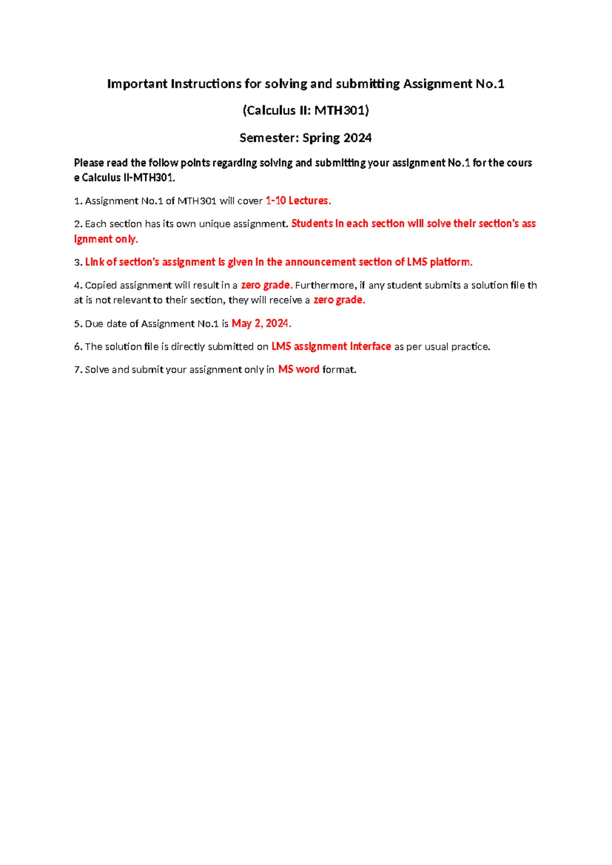 Spring 2024 MTH301 1 - qqq - Important Instructions for solving and submitting Assignment No ...