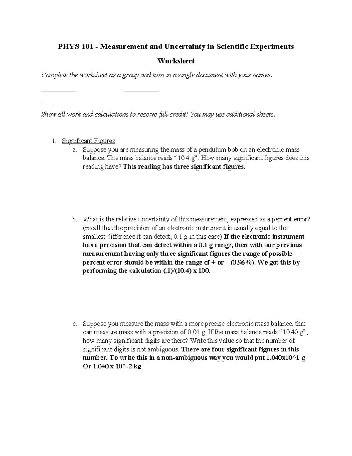 Measurement and Uncertainty in Scientific Experiments - Worksheet ...