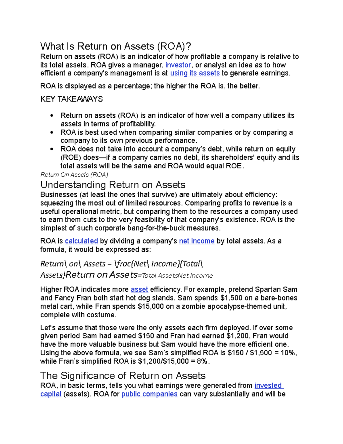 Financial Ratio Notes - What Is Return on Assets (ROA)? Return on ...