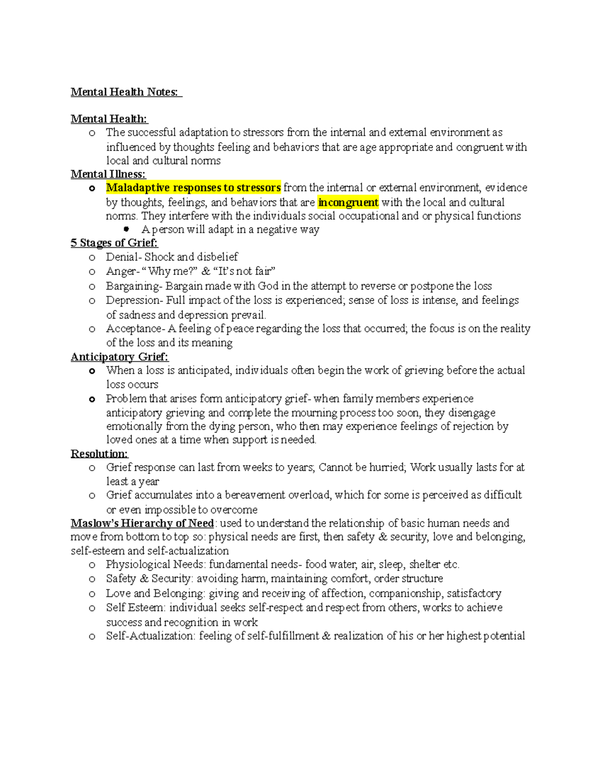 Mental Health Notes JNB - Mental Health Notes: Mental Health: o The ...