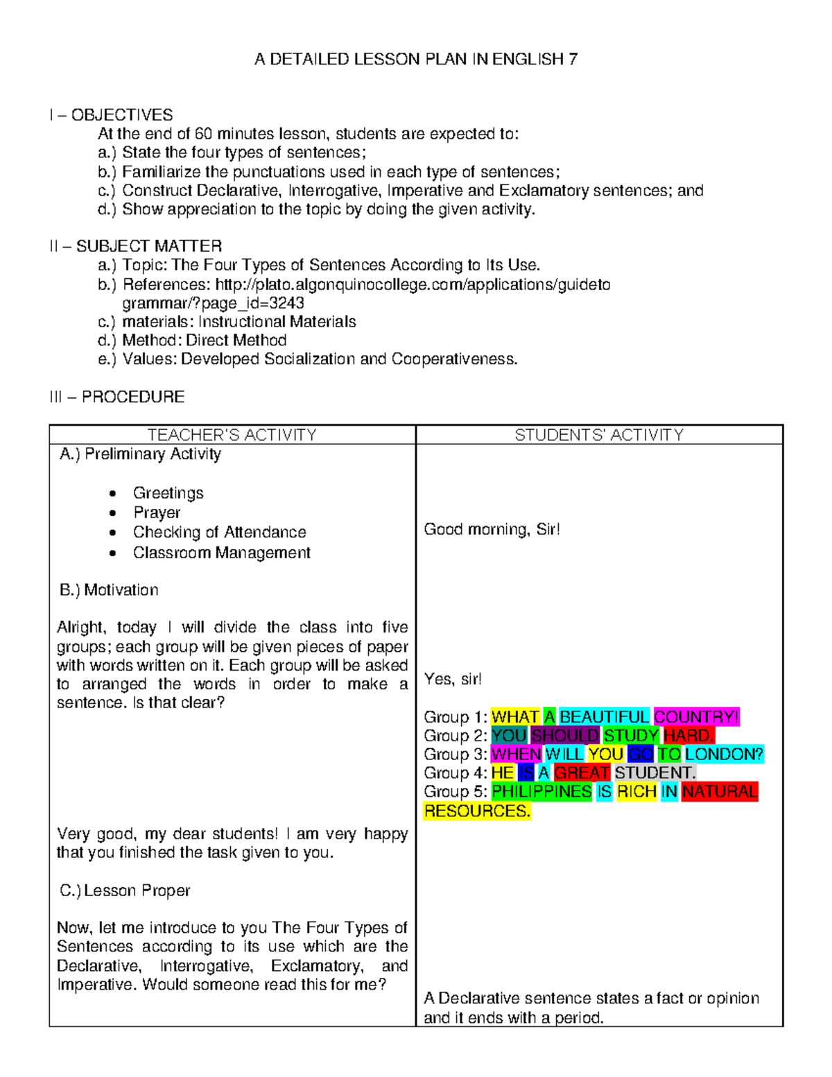 A Detailed Lesson PLAN IN English 7 - A DETAILED LESSON PLAN IN ENGLISH ...