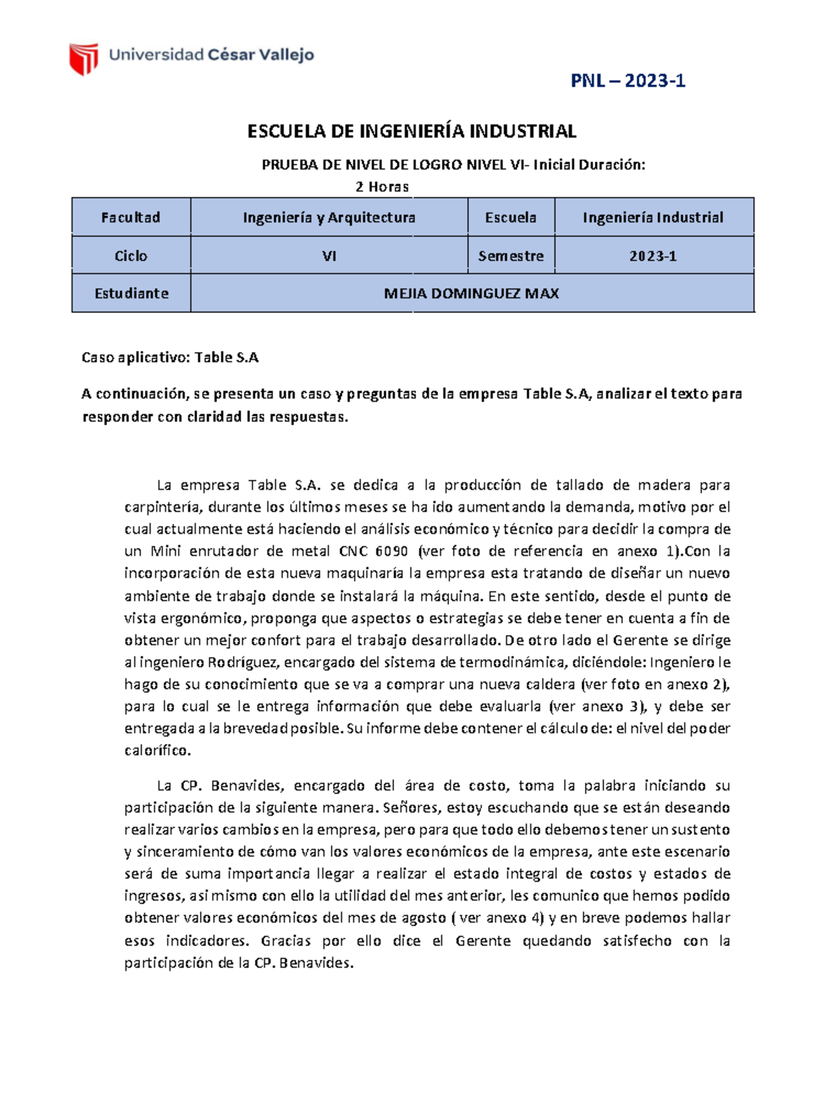 VALE Prueba DE Nivel DE Logro - Nivel II- Inicial - ESCUELA DE INGENIERÍA INDUSTRIAL PRUEBA DE ...
