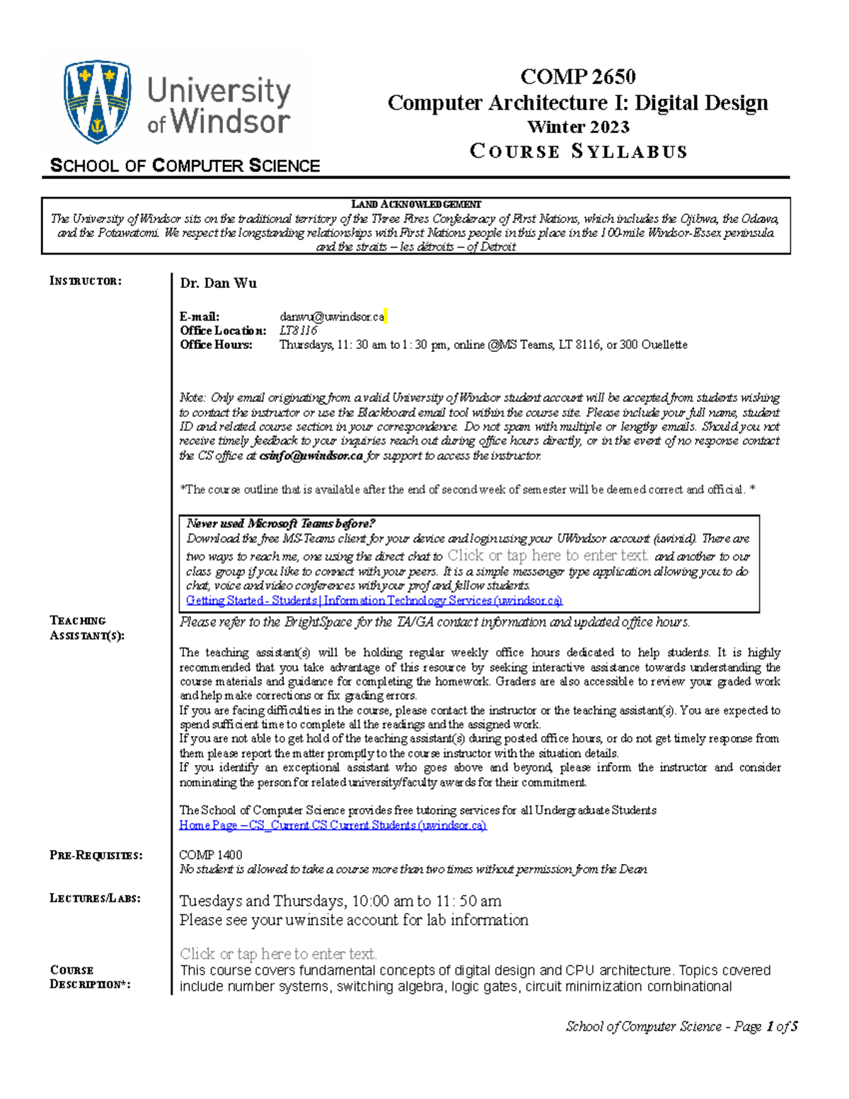 COMP2650 Outline Template 2023 Winter 2023 - SCHOOL OF COMPUTER SCIENCE ...