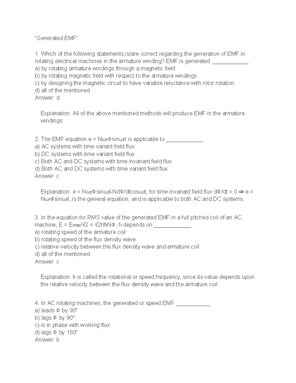 Electical Machine MCQ (12) - “Generated EMF”. Which of the following ...