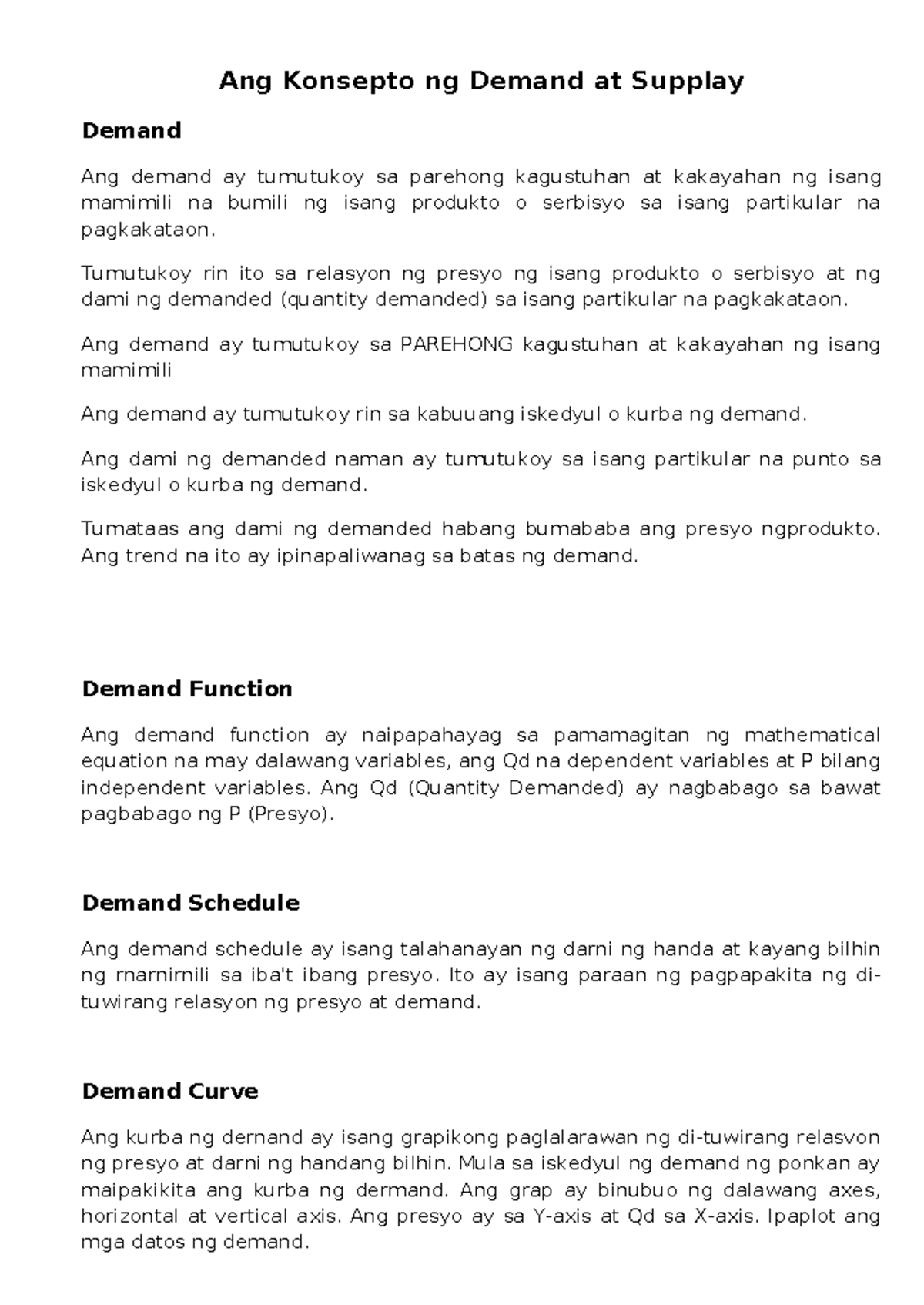 Araling Panlipunan - Ang Konsepto ng Demand at Supplay Demand Ang ...