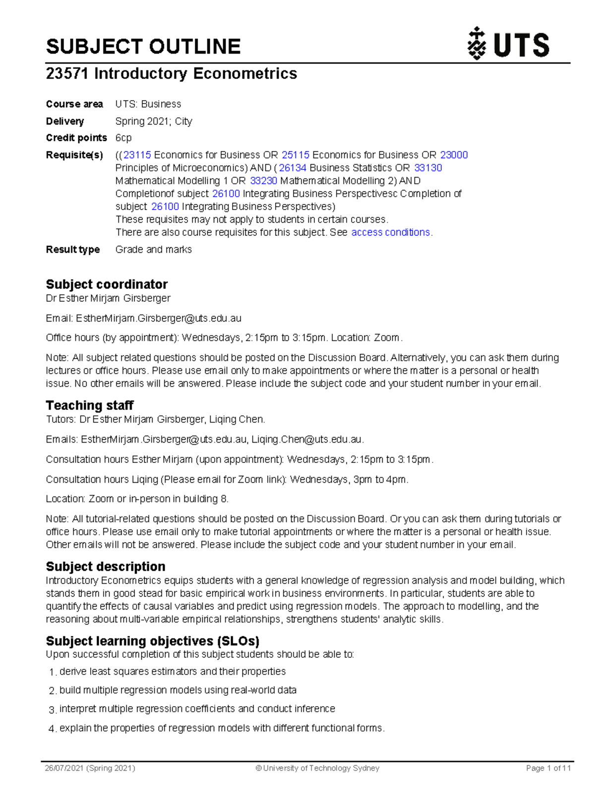 Introduction to Econometrics subject outline - SUBJECT OUTLINE 23571 Introductory Econometrics ...