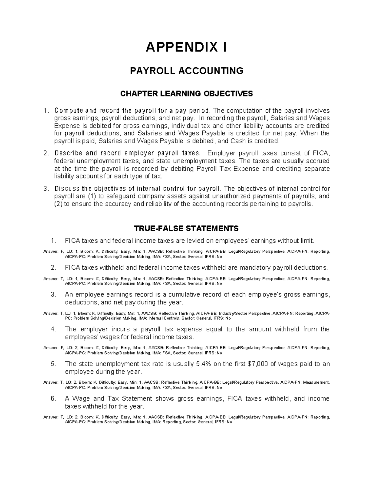 Financial Accounting App i_test bank - APPENDIX I PAYROLL ACCOUNTING ...