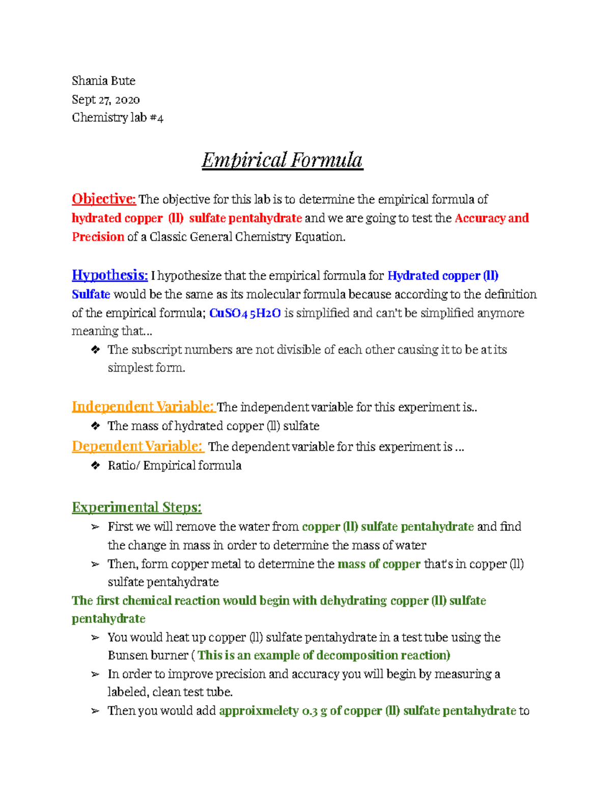 Chem Lab 4 - This complete lab report determined the empirical formula ...