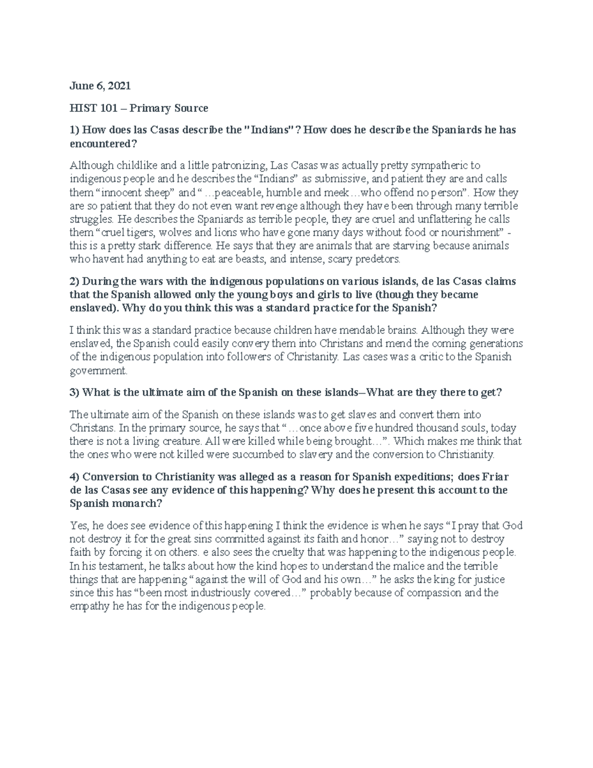 Primary Source - Las Casas - June 6, 2021 HIST 101 – Primary Source How ...