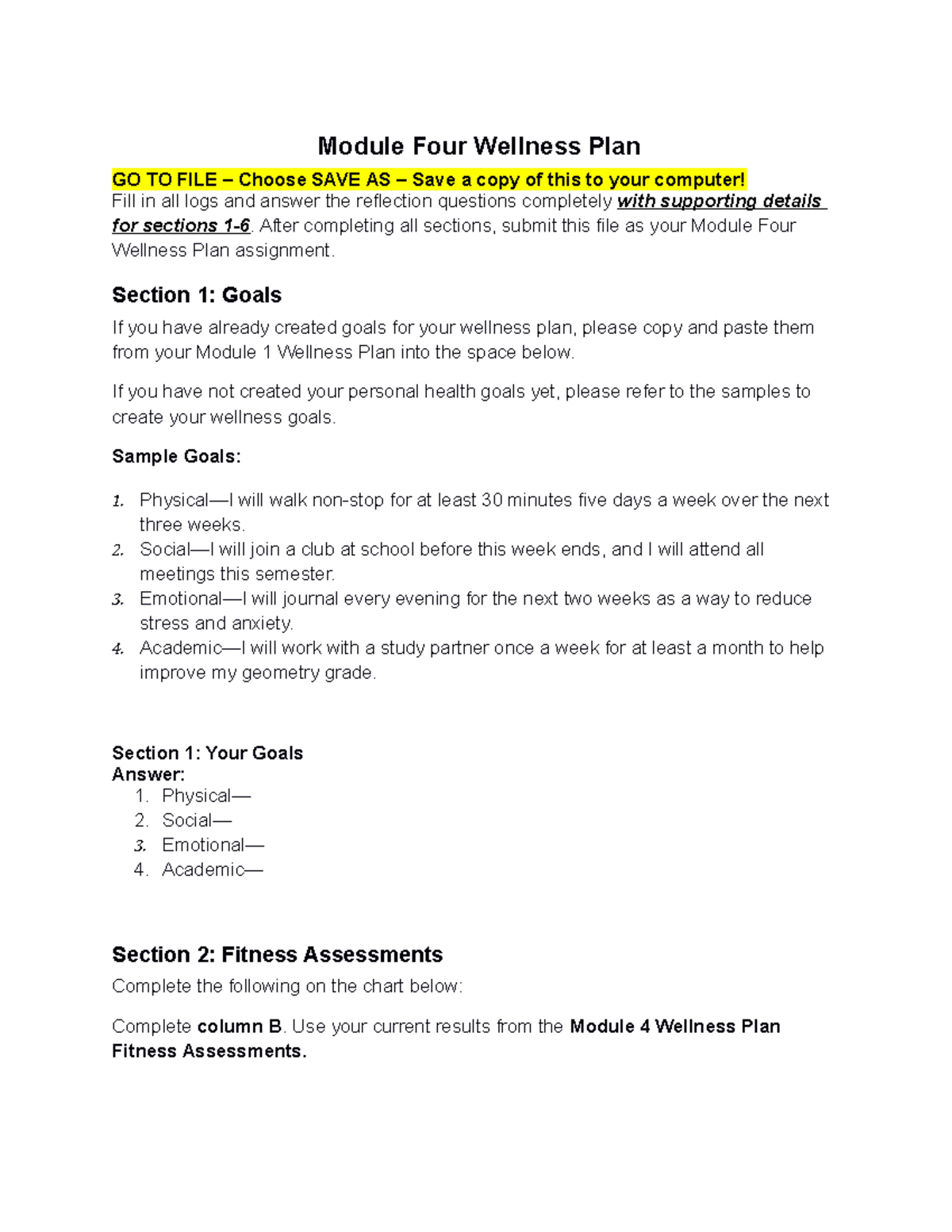 Module four wellness plan (2)new - Module Four Wellness Plan GO TO FILE ...