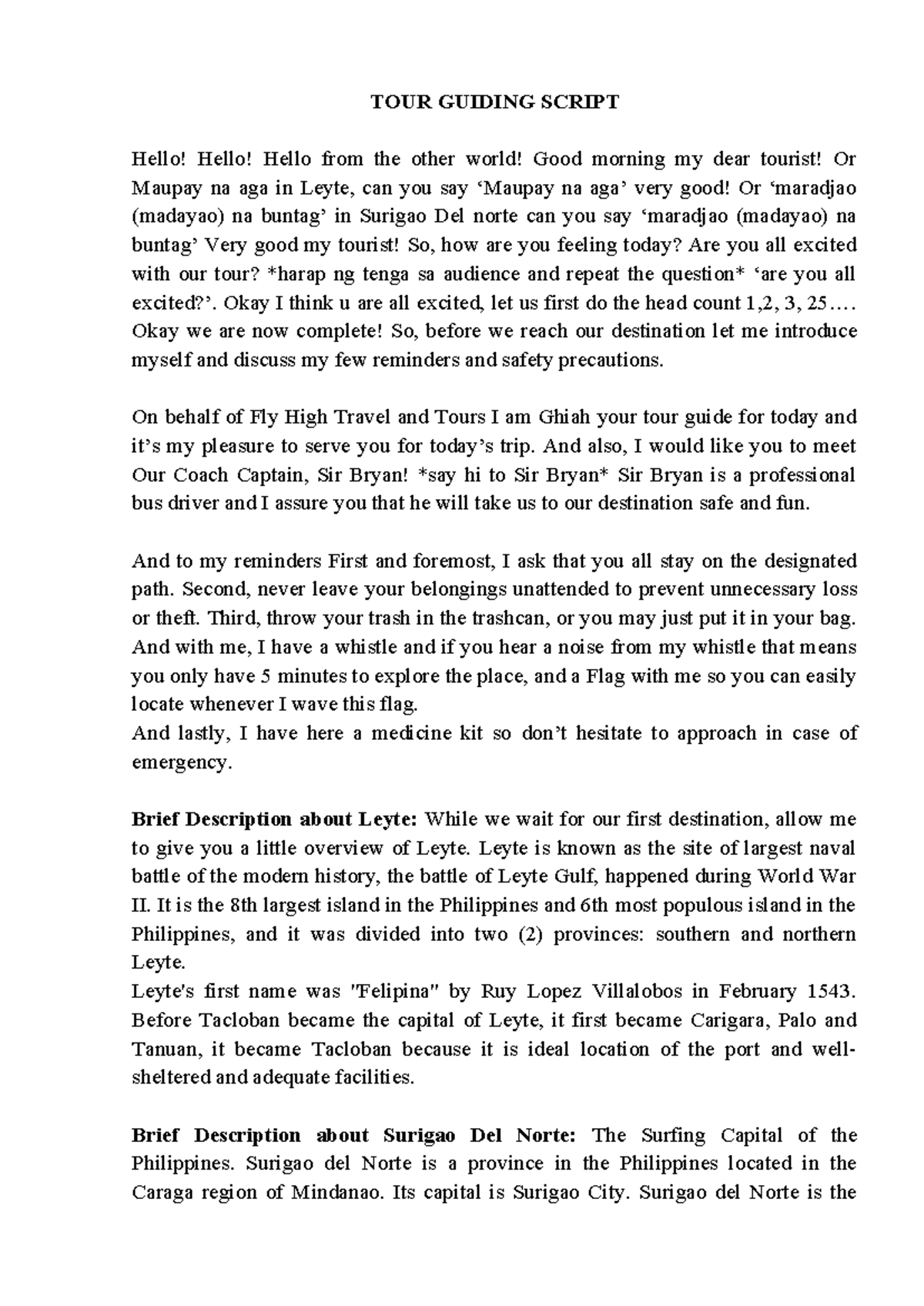TOUR Guiding Script - n/a - TOUR GUIDING SCRIPT Hello! Hello! Hello ...